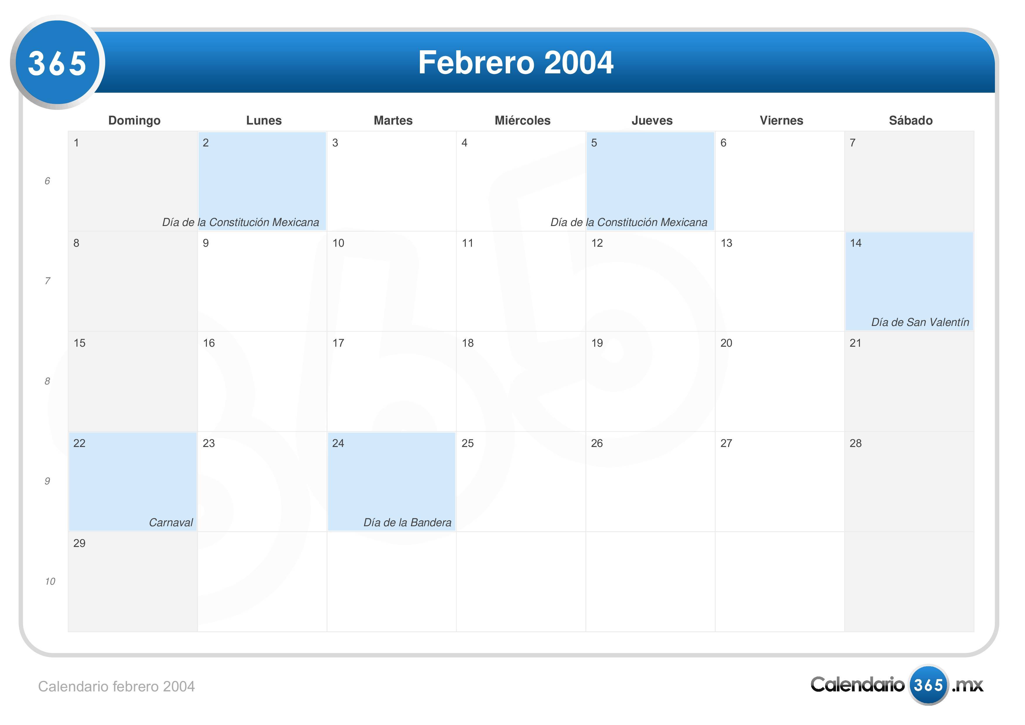 Calendario febrero 2004
